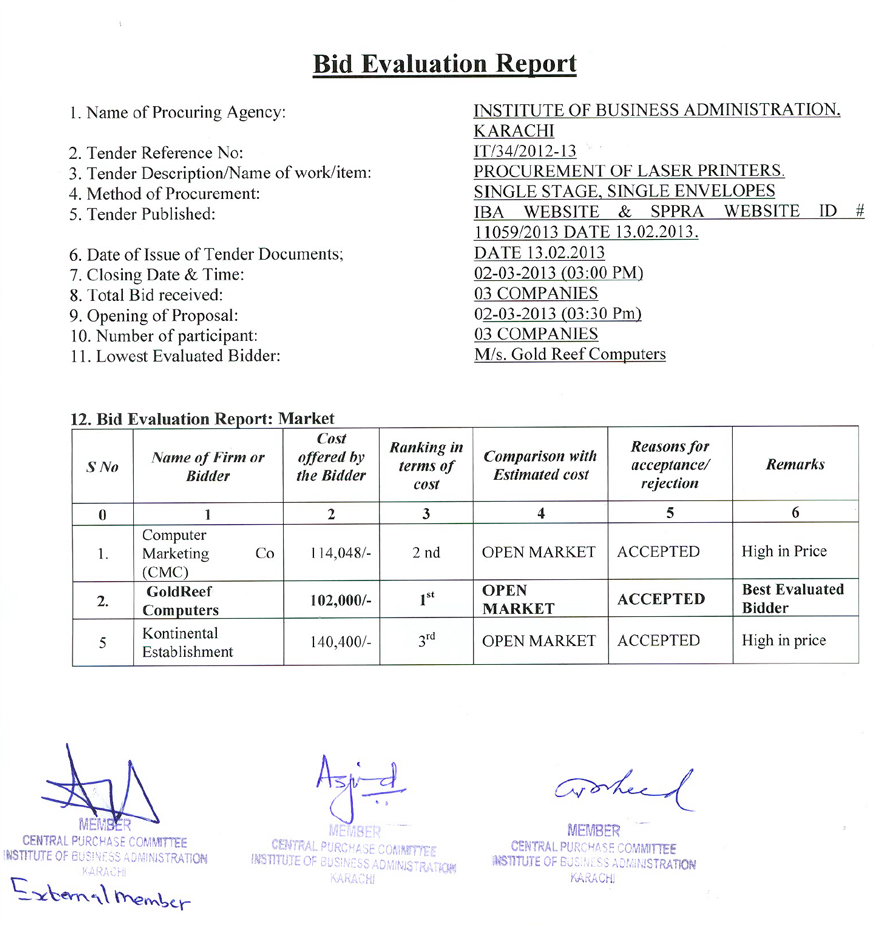 IBA Bid Evaluation Report Procurement Of Laser Printer
