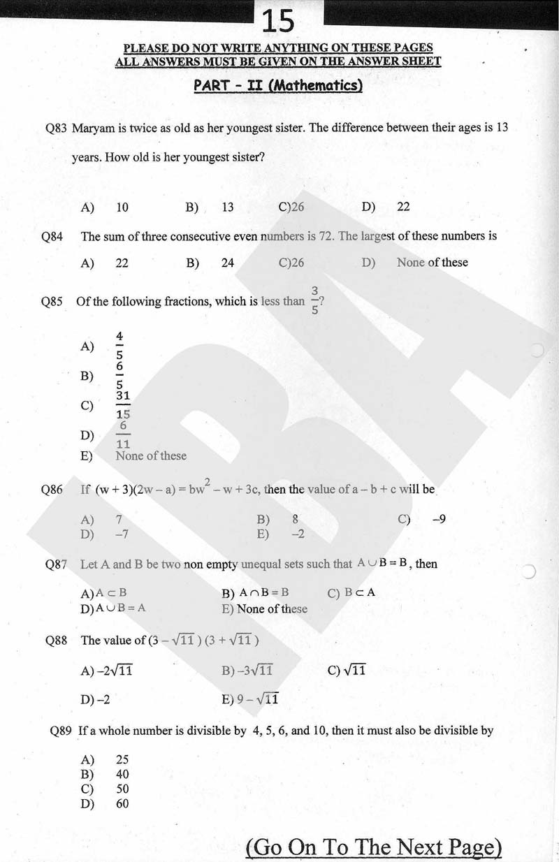 BBA – Maths - Past Entry Test Papers of IBA